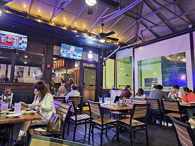 Modern meets maritime in this breezy dining room where exposed beams watch over decades of satisfied diners.