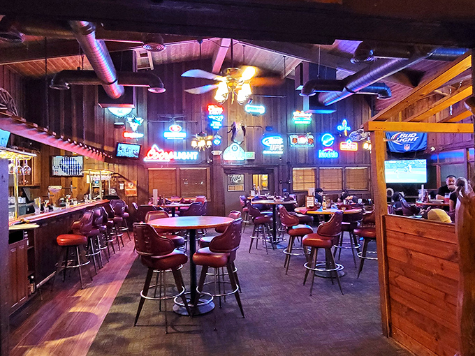 Step inside and you're transported to the Old West&mdash;neon beer signs and wooden walls creating the perfect backdrop for serious meat consumption.