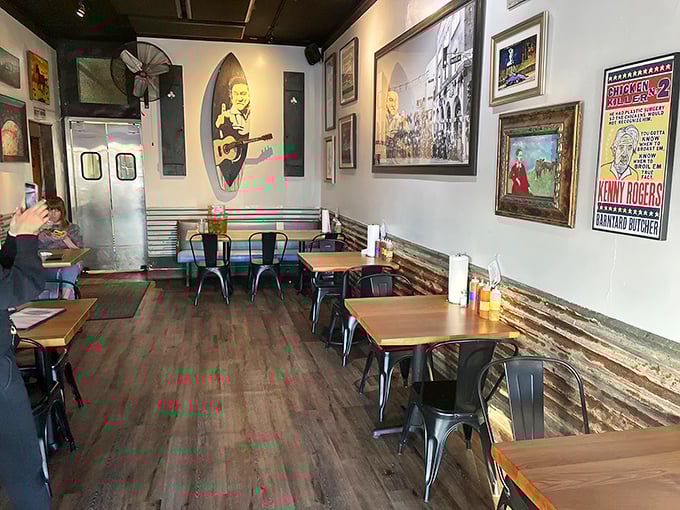 Step inside and the soaring wooden beams create a cathedral of comfort food. The wagon-turned-salad-bar sits center stage, ready for its close-up.