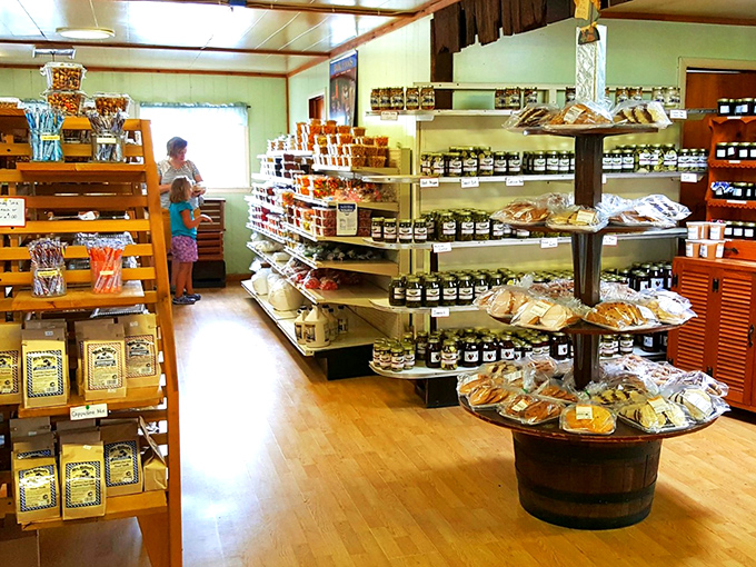 Step inside where wooden shelves create a treasure map of homemade delights waiting to be discovered.