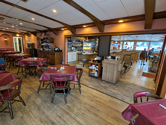 Burgundy chairs and wooden beams create that perfect diner atmosphere&mdash;where calories don't count and coffee refills are practically mandatory.