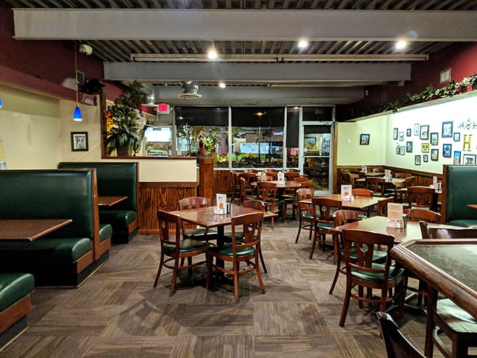 Inside, green booths and wooden tables create that classic diner feel&mdash;comfortable enough to linger over a second cup of coffee or three.