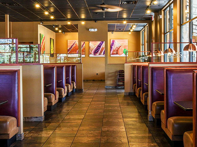 Cozy booths and warm earth tones create the perfect backdrop for morning conversations. Like a breakfast hug waiting to happen.