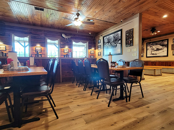 Warm pine paneling and black-and-white river photos transport you to simpler times. It's like dining in your favorite uncle's fishing cabin&mdash;if your uncle could cook like this.