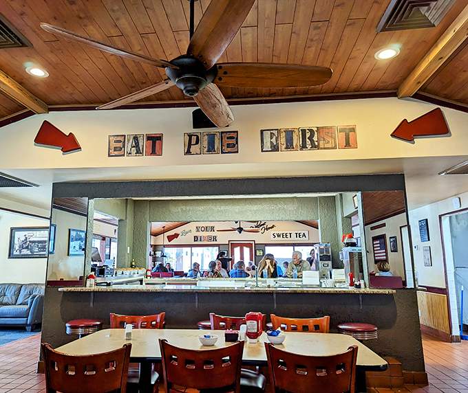 EAT PIE FIRST isn't just a suggestion&mdash;it's a life philosophy worth adopting. The wooden ceiling beams have witnessed countless dessert-before-dinner rebels.