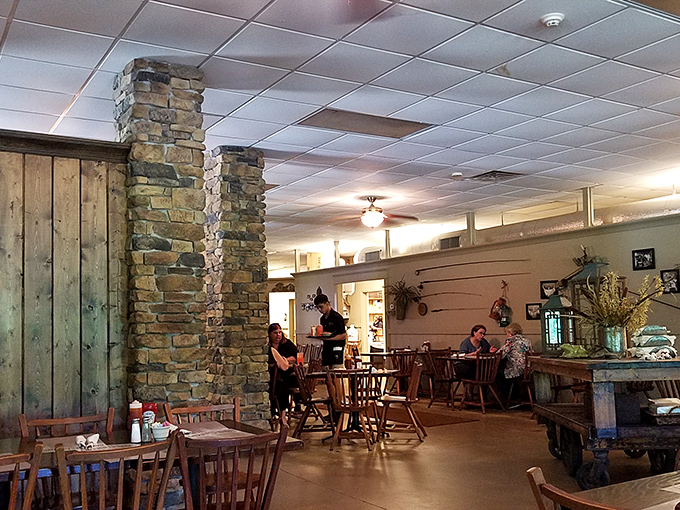 Stone columns and wooden accents create that perfect "grandma's country home" vibe, if grandma happened to be an exceptional Southern cook.