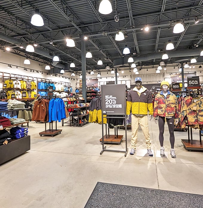 Inside Columbia, a rainbow of outdoor gear stands ready for adventure&mdash;or just looking like you're about to embark on one.