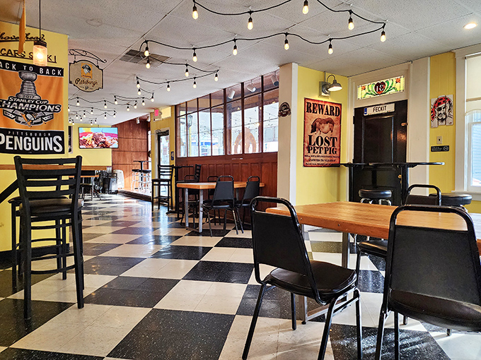 String lights and Pittsburgh sports memorabilia create that perfect "come as you are" vibe where the only dress code is an empty stomach.