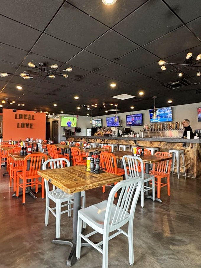 Those orange chairs aren't just seating&mdash;they're a declaration that fun is mandatory. The "LOCAL LOVE" sign isn't kidding around either.