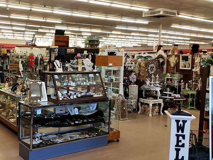 Treasure hunting begins here, where display cases filled with yesterday's treasures create a maze of possibilities and potential discoveries. 