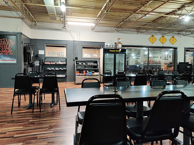 Simple tables, wood-paneled walls, and an open ceiling&mdash;this no-frills dining room lets you know immediately that all the attention here goes where it matters: the smoker.