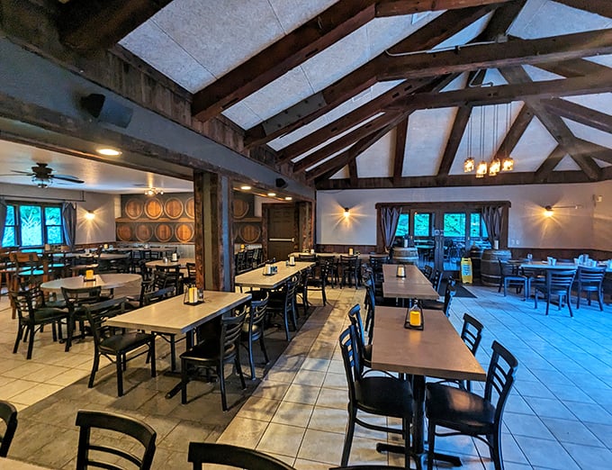 Rustic wooden beams frame an elegant dining space where wine country meets Midwest charm. The perfect setting for both celebration and quiet conversation.