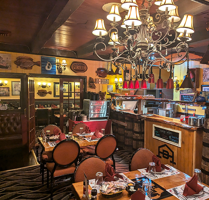Step inside and you're transported to steakhouse heaven &ndash; dark wood, nautical touches, and chandeliers that say "your diet ends here."
