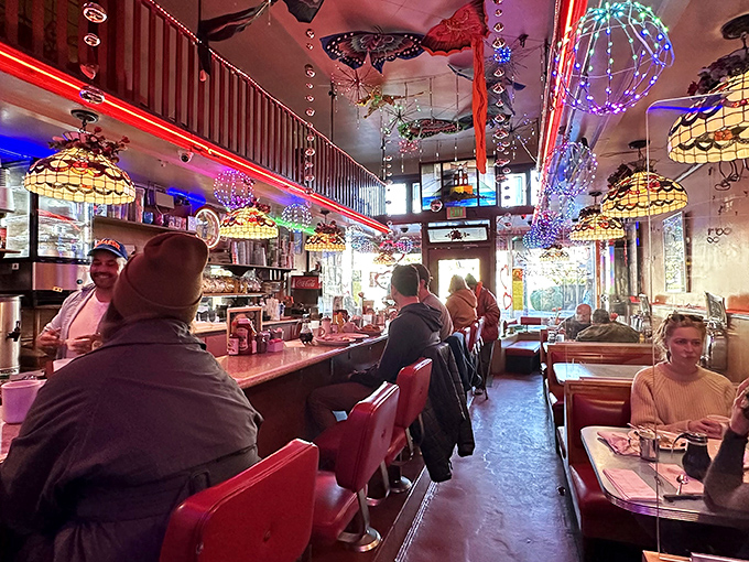 Step inside and time stands still&mdash;red vinyl booths, tiffany lamps, and colorful ceiling decorations create that perfect diner atmosphere where memories are made between coffee refills.