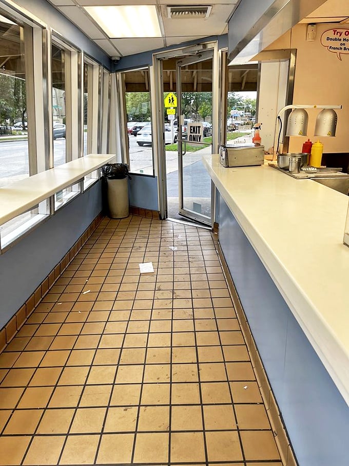 No frills, no fuss, just a narrow corridor of culinary anticipation where life-changing sandwiches are just moments away.