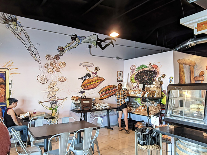 Step inside where whimsical wall art celebrates the sandwich in all its glorious, hand-drawn cartoon splendor.