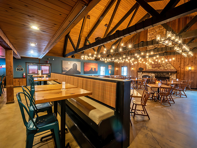 Exposed beams and twinkling lights create the perfect atmosphere for serious barbecue conversations and memorable meals.