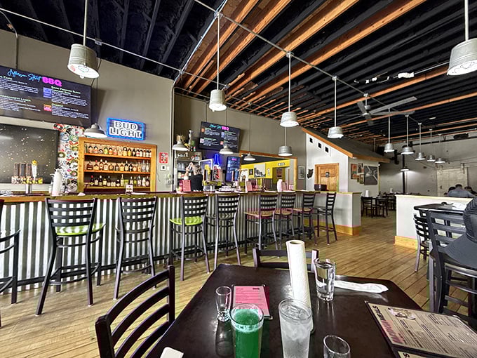 Inside, exposed wooden beams and industrial-chic lighting create the perfect backdrop for the serious business of meat appreciation.