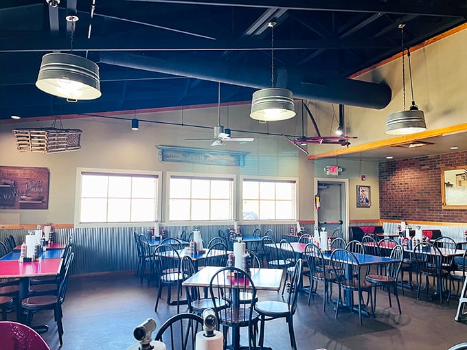 Industrial chic meets down-home comfort in Bandana's dining room, where those galvanized bucket lights cast the perfect glow for barbecue contemplation.