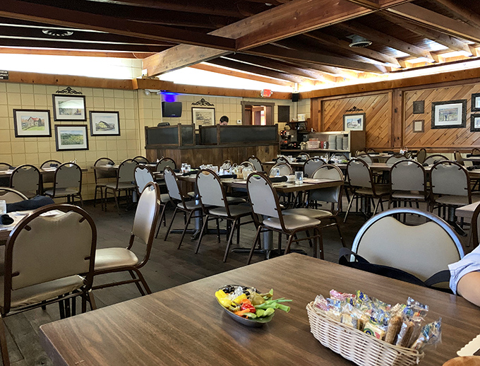 No white tablecloths or mood lighting here—just honest wood beams, simple chairs, and the promise of a meal that needs no fancy backdrop to impress.