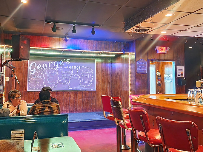 Inside, wood paneling and red vinyl stools create that perfect neighborhood tavern vibe&mdash;where conversations flow as smoothly as the craft beers on tap.