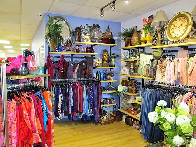 A boutique-worthy display corner where vintage accessories and colorful clothing create a curated collection that rivals department stores at a fraction of the price.