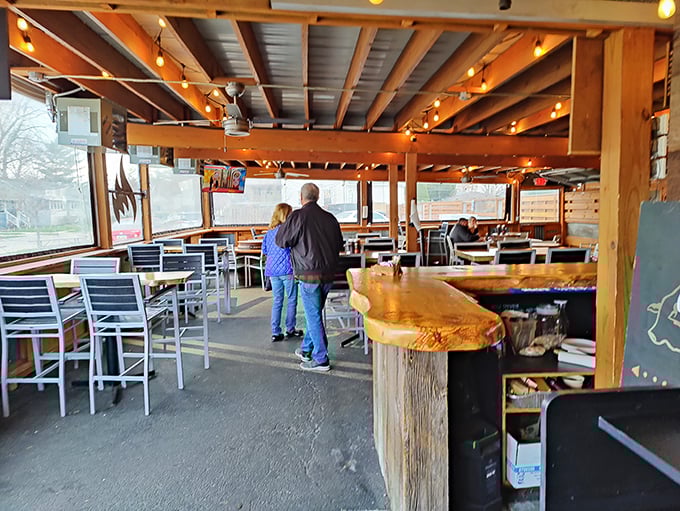 String lights and exposed beams create that perfect "come as you are" atmosphere where the only dress code is an empty stomach.