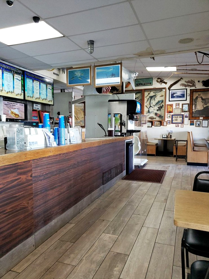Inside, the wood-paneled counter and nautical decor create that perfect "I've discovered something authentic" feeling that makes food taste even better.