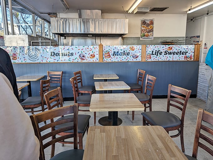 Donuts Make Life Sweeter isn't just wall decor&mdash;it's the unofficial mission statement of this no-frills temple to fried dough.