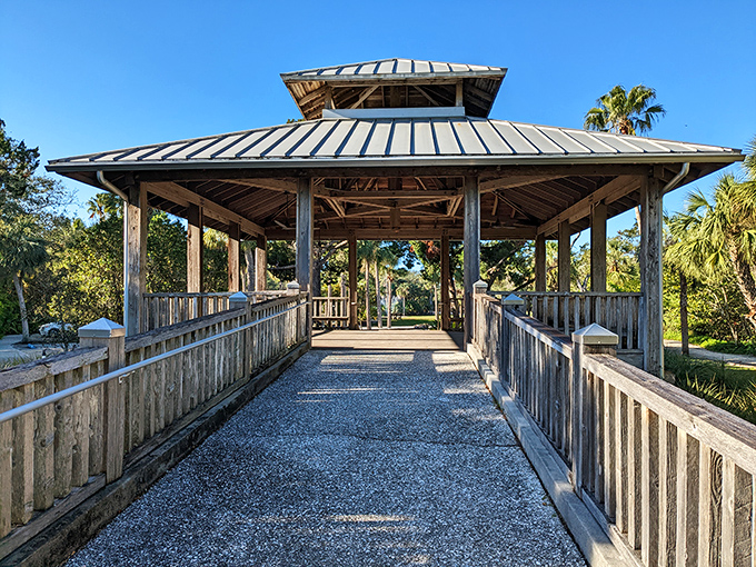 This wooden pavilion at Joan M. Durante Park isn't just a shelter—it's the gateway to Florida's version of Zen.