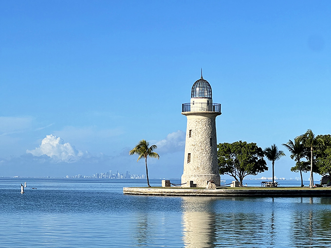 Miami's skyline plays supporting actor in the distance while the lighthouse steals the scene, standing proudly against a blue backdrop worthy of a travel magazine cover.