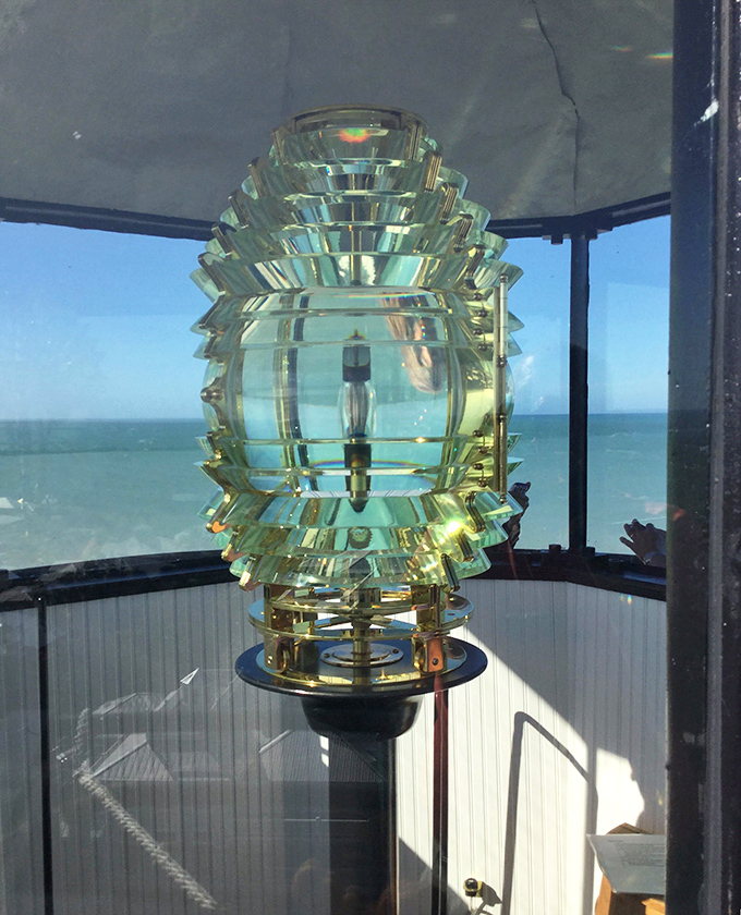 Engineering meets artistry in this dazzling Fresnel lens. Like a giant maritime diamond, it once projected light for miles across dark Gulf waters.