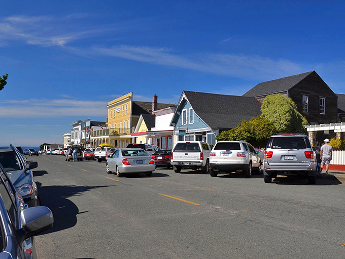 Main Street Mendocino: where parking might be a challenge, but finding yourself is guaranteed. These colorful storefronts house treasures worth the hunt.