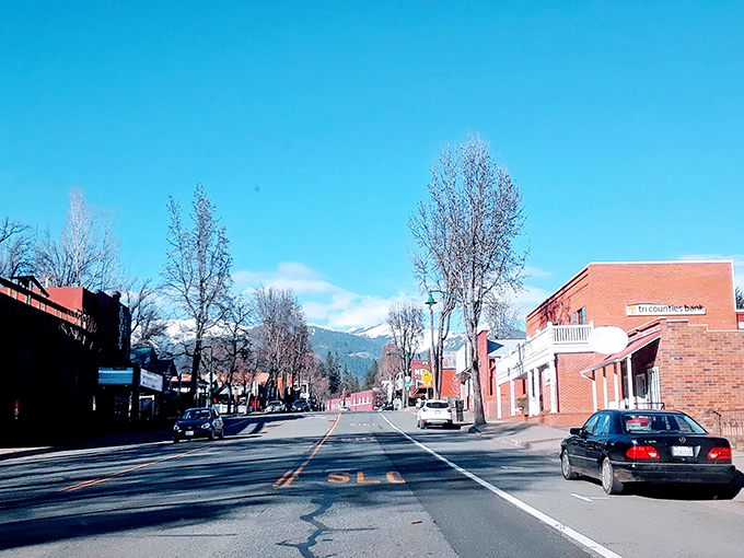 Winter in downtown Weaverville brings a certain stillness, where snow-capped peaks provide the perfect backdrop for a leisurely afternoon stroll. 