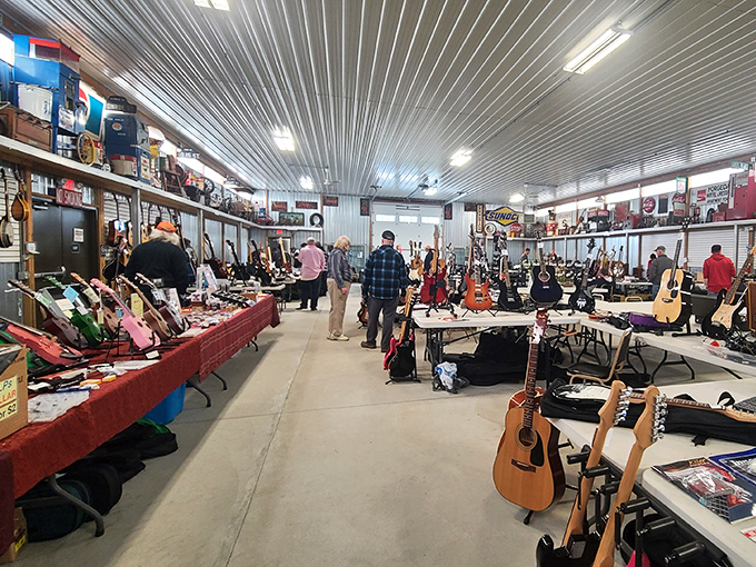 A guitar lover's paradise awaits! This musical corner of Jake's could be where the next Springsteen finds their first instrument.