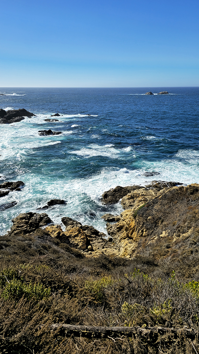 The Pacific shows off its many moods at Garrapata. Those impossibly blue waters might look inviting, but they're serving drama, not swimming opportunities.