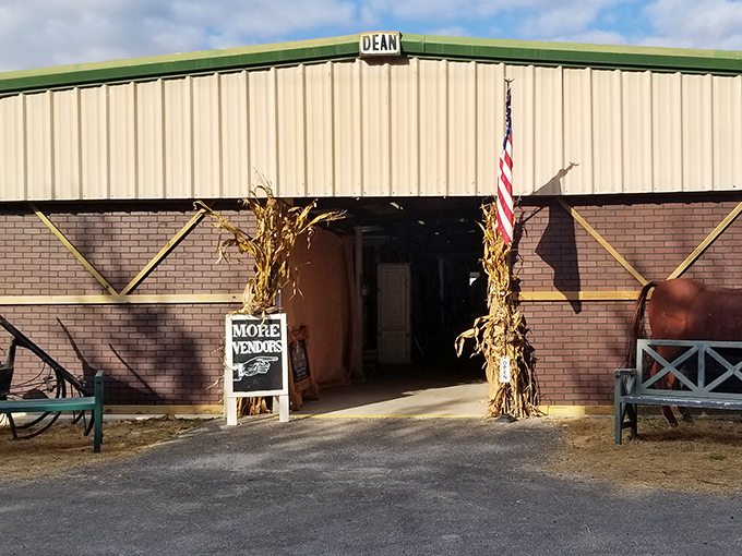 Seasonal decorations frame the entrance to one of Renninger's many buildings, where more vendors await the eager treasure hunter.