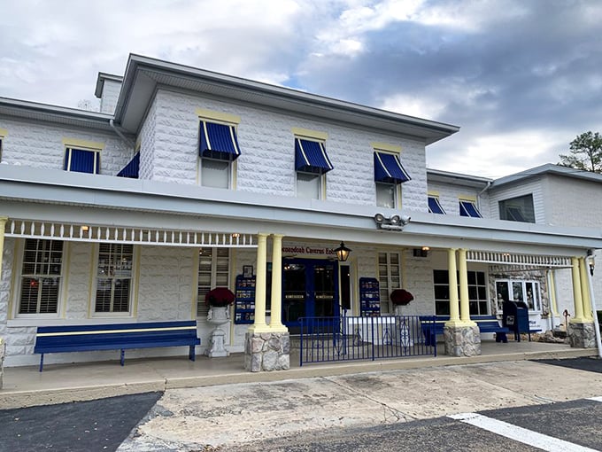 First impressions matter: The charming white building with blue awnings gives no hint of the underground wonderland waiting just below your feet.