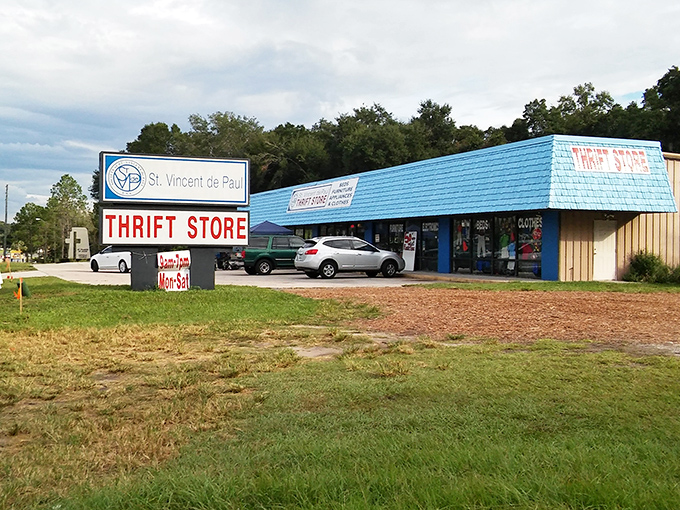 From this angle, the thrift store resembles a humble beach shack, but inside lies an ocean of secondhand treasures waiting to be discovered.