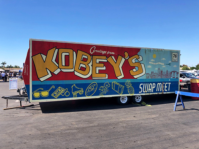 The iconic Kobey's sign stands like a retro postcard come to life, promising adventures in bargain hunting under the San Diego sun. 