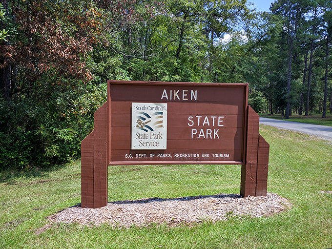 The gateway to tranquility. This unassuming sign marks the entrance to one of South Carolina's most peaceful retreats, no password required.