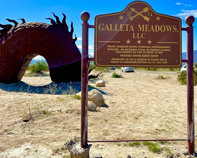 "Welcome to where the wild things are." The Galleta Meadows sign stands sentinel beside one of its metal residents, inviting desert explorers to a most unusual safari.