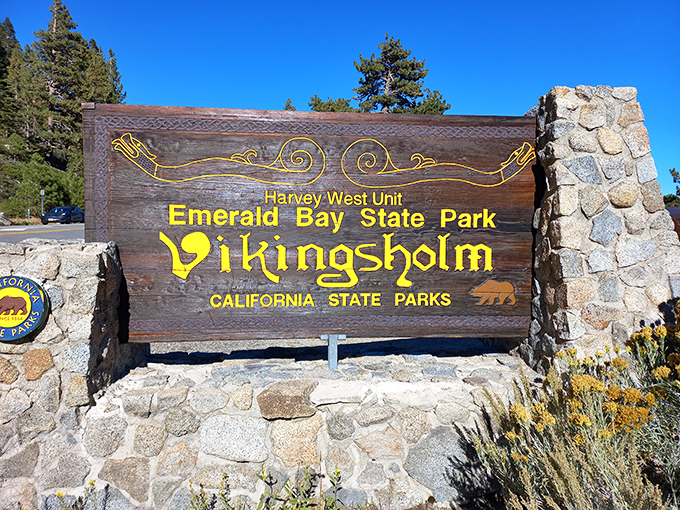 "Vikings in California?" This wooden sign marks the entrance to a Scandinavian fantasy nestled in Sierra wilderness. History meets natural splendor.