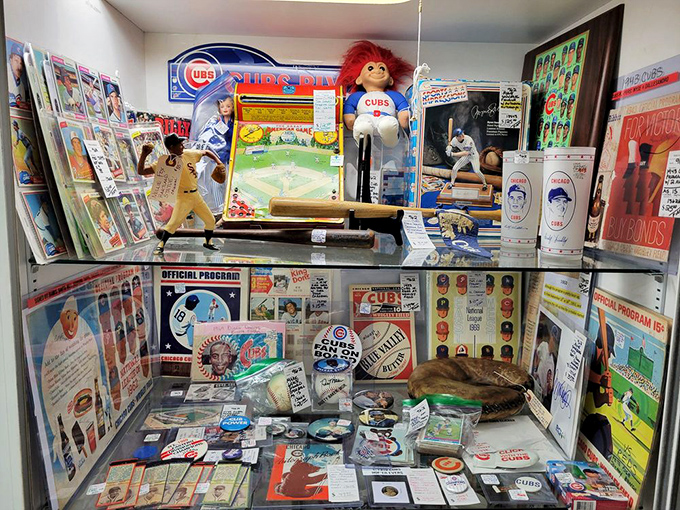 Cubs heaven! This display case is where Chicago baseball dreams and childhood memories collide in a perfect storm of nostalgia.