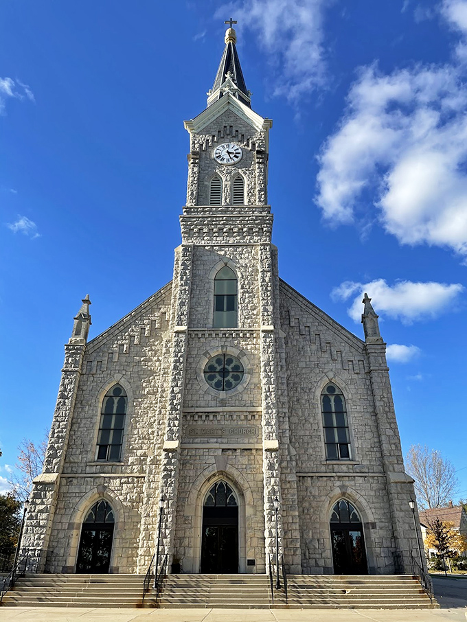 St. Mary's Church stands as a limestone testament to craftsmanship, its soaring spire visible throughout town. Imagine the stories these walls could tell after more than a century of weddings and worship.