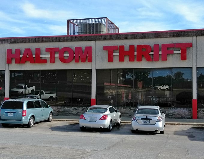 Blue skies frame this thrifter's paradise where license plates from across Texas regularly fill the parking lot. The hunt begins before you even step inside.