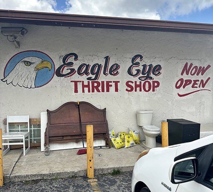 Where one person's toilet becomes another's conversation piece. The hand-painted eagle keeps watch over potential deals with the intensity of a bargain-hunting hawk.