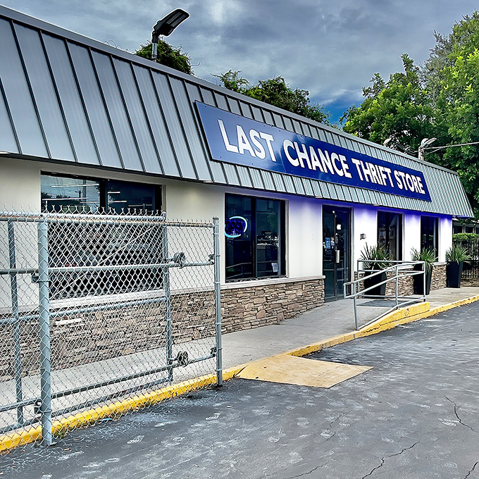 Storm clouds gather, but the real tempest awaits inside &ndash; a whirlwind of vintage finds and unexpected treasures behind that welcoming facade.