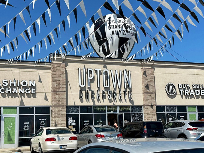 Grand opening festivities with colorful pennants dancing in the breeze. Like a fashion carnival that promises bargains instead of cotton candy.