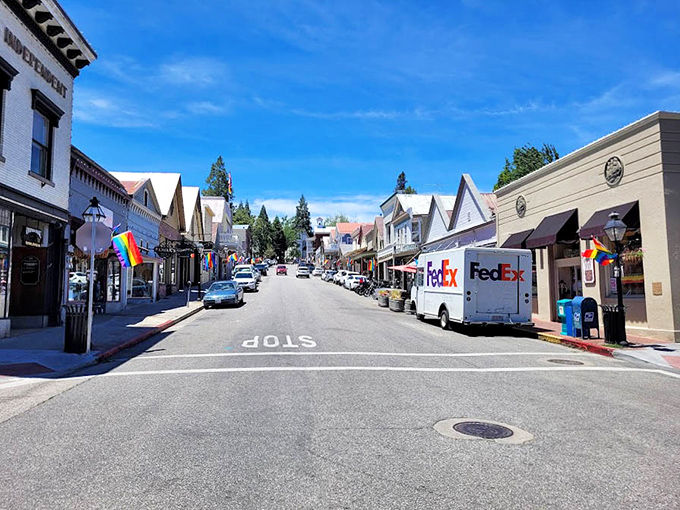 Rainbow flags flutter alongside historic facades on Broad Street. Nevada City blends Gold Rush heritage with progressive values in the most charming way possible.